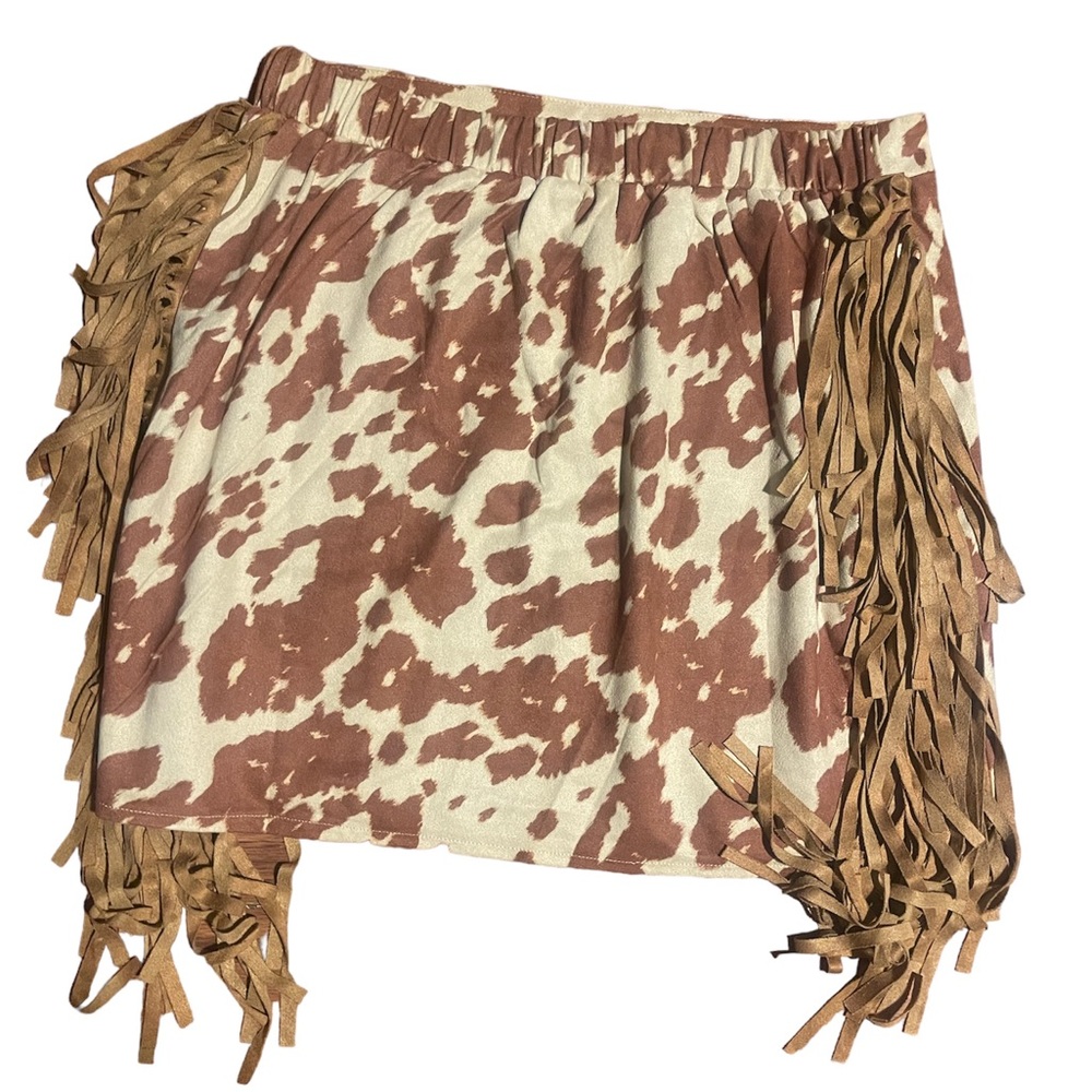 Fashion Express Cow Print Fringe Mini Skirt - Gem